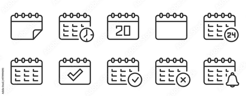 Calendars thin line icon set. Containing date, schedule, month, week ...