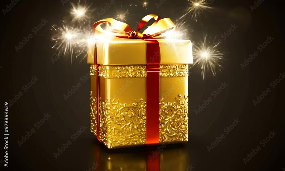 Glowing golden present shining brightly against dark background ...
