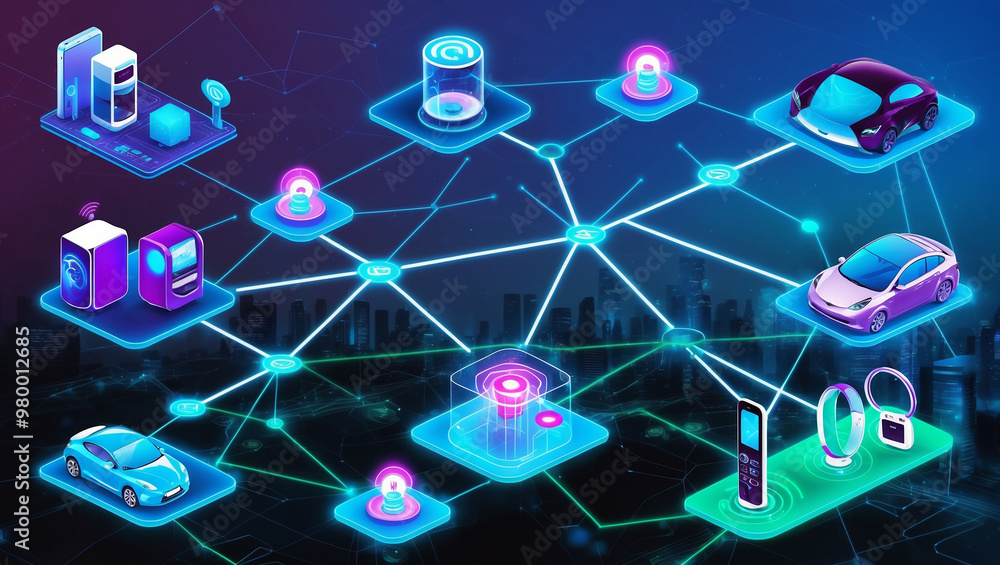 A vibrant IoT network illustration showing interconnected smart devices ...
