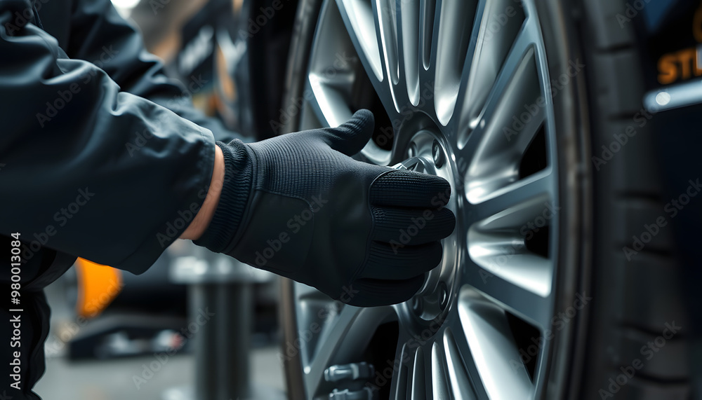 Mechanic performing tire maintenance using tools in auto repair shop ...