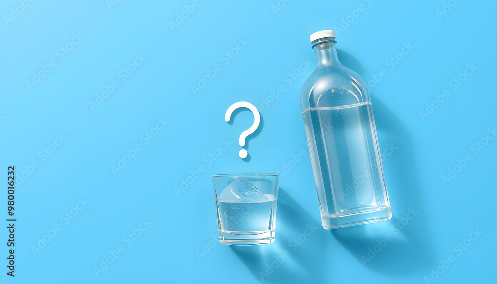 Glass bottle and glass with clear water on a blue background with a ...