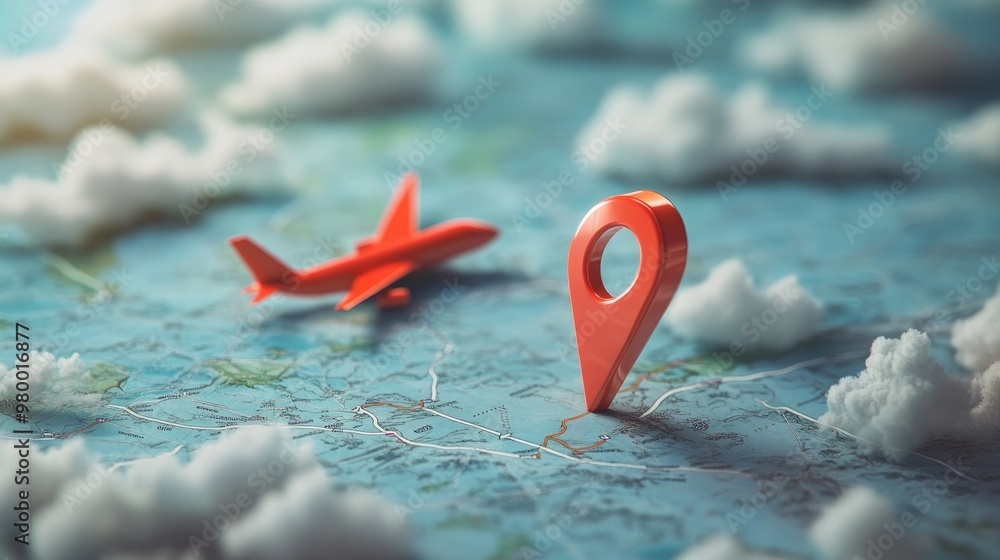 3d map with plane icon. Pin location, trip destination illustration ...
