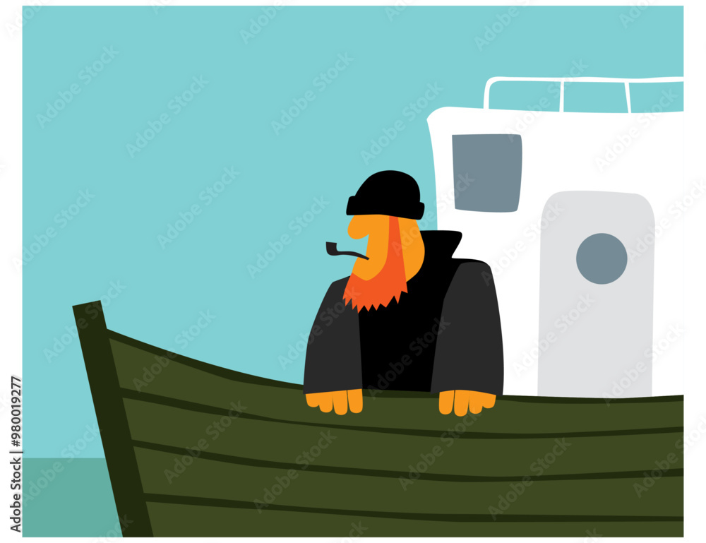 Sea wolf. Seaman. The old skipper aboard his ship. Cartoon character ...