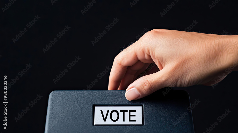 Fingers tapping a Confirm Vote button on an electronic voting machine ...