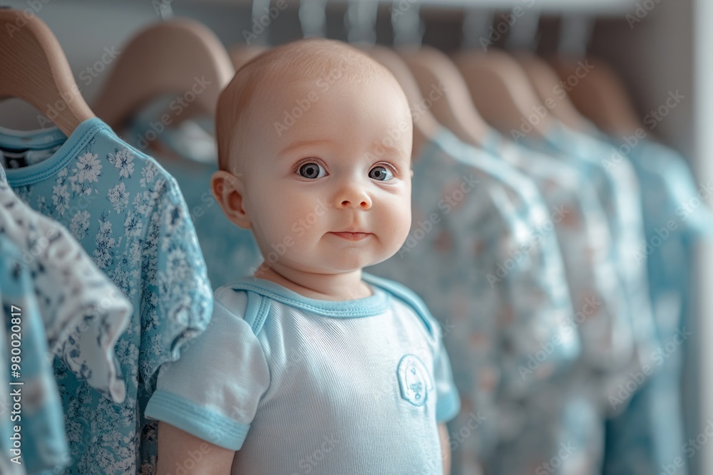 Baby hung on pastel colored hanger, baby girl in light blue and white ...