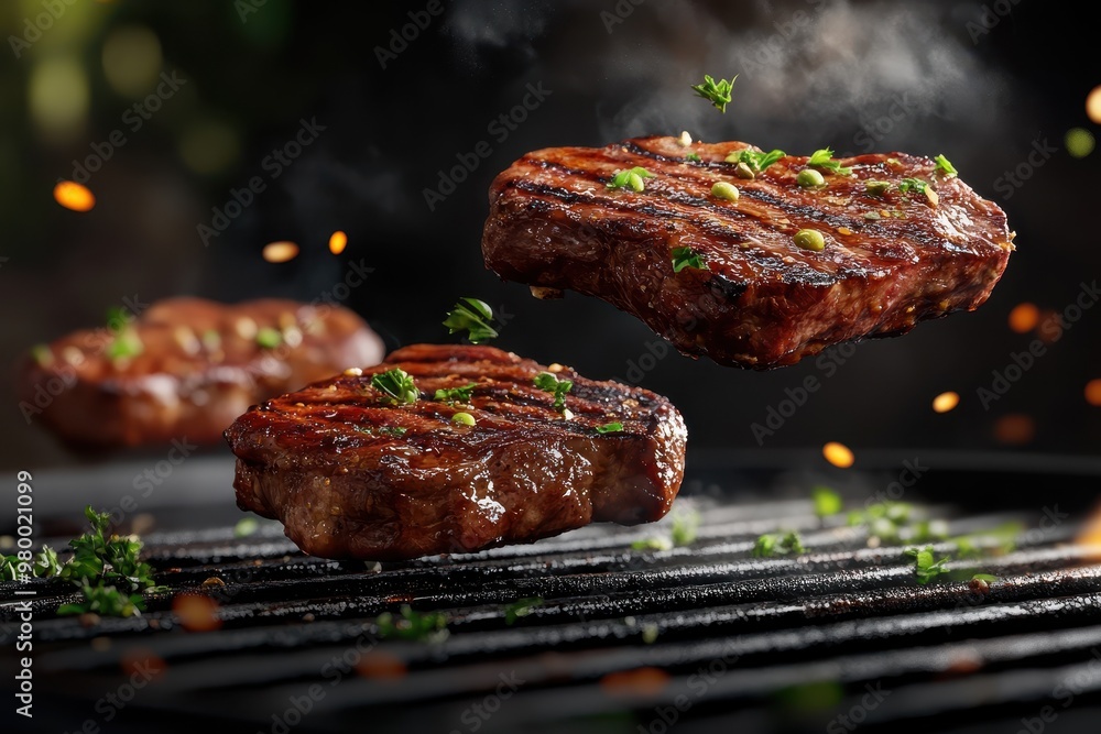 3D flying brisket and grilled meat collection ultra realistic food ...