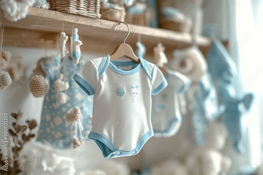 Baby hung on pastel colored hanger, baby girl in light blue and white ...