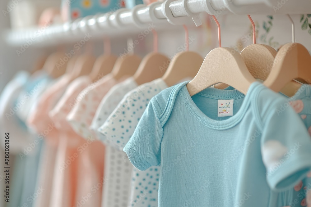 Baby hung on pastel colored hanger, baby girl in light blue and white ...