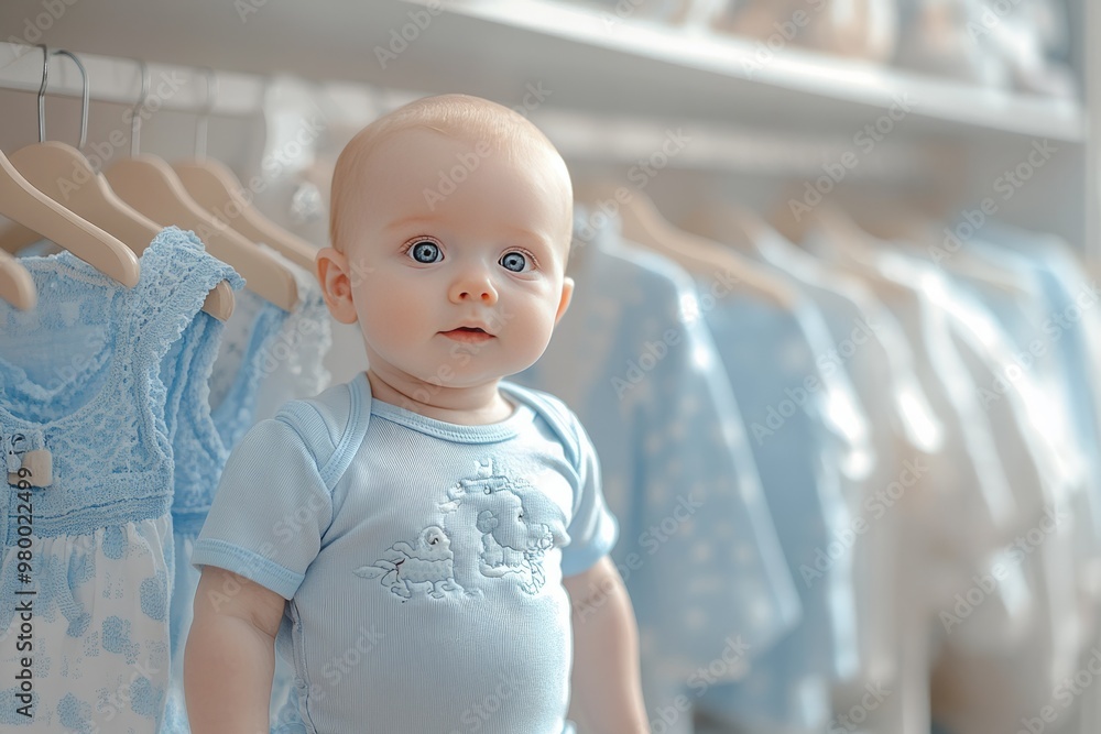 Baby hung on pastel colored hanger, baby girl in light blue and white ...