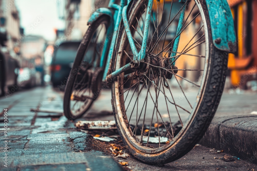 Abandoned bike with a flat tire left at a city rack Stock Photo | Adobe ...