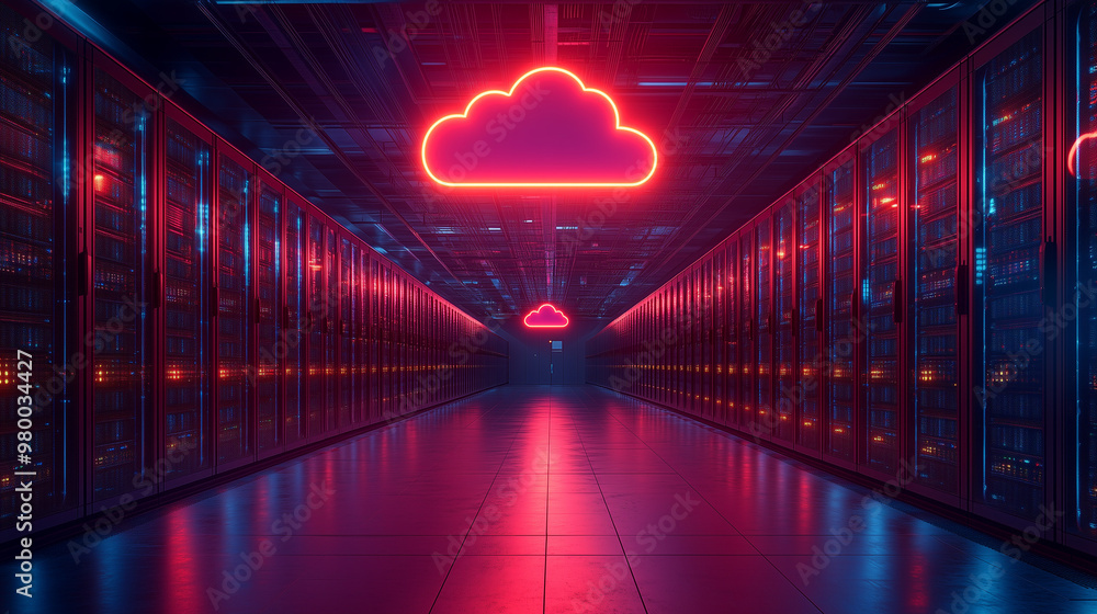 3D render of a glowing cloud icon floating above a row of computer ...