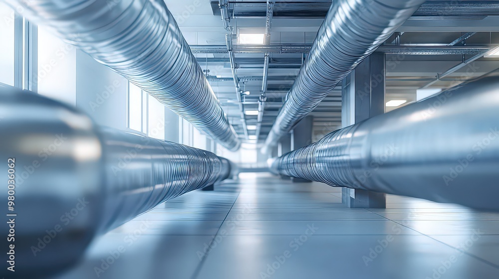 Bright industrial corridor with large metallic ventilation pipes ...