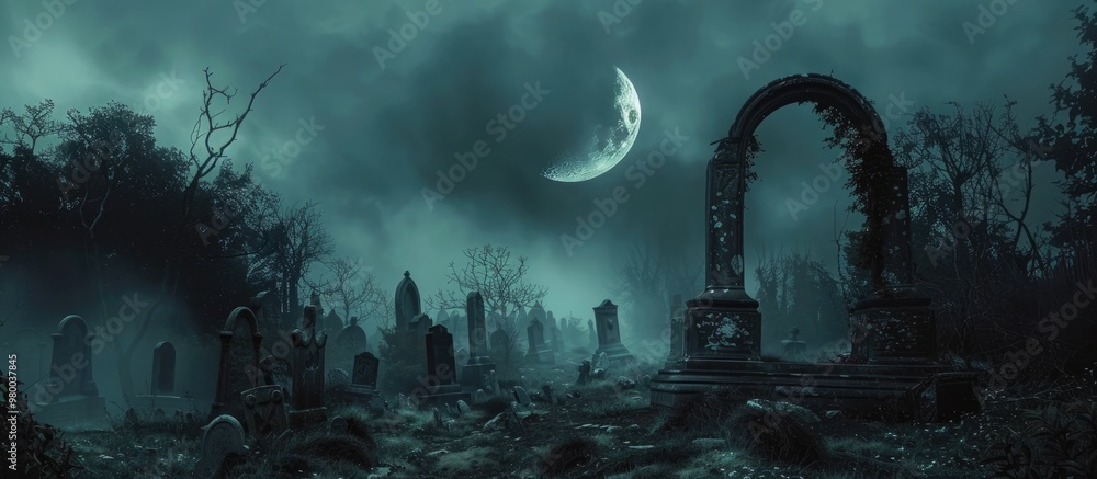 Haunting gothic graveyard landscape shrouded in an ominous atmospheric ...