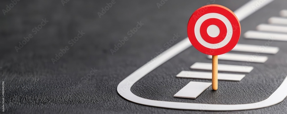 A closeup of a strategic roadmap with a target symbol at the finish ...