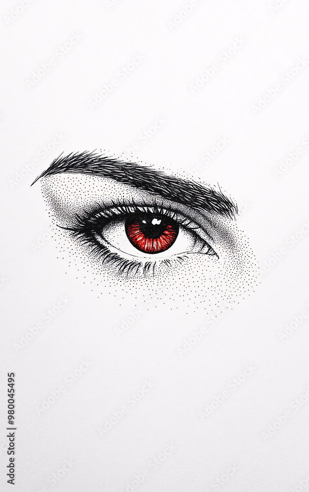 Stylized black-and-white eye illustration with vibrant red iris ...