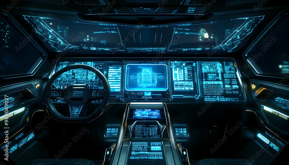 Futuristic autonomous vehicle cockpit. Interior of unmanned car cockpit ...