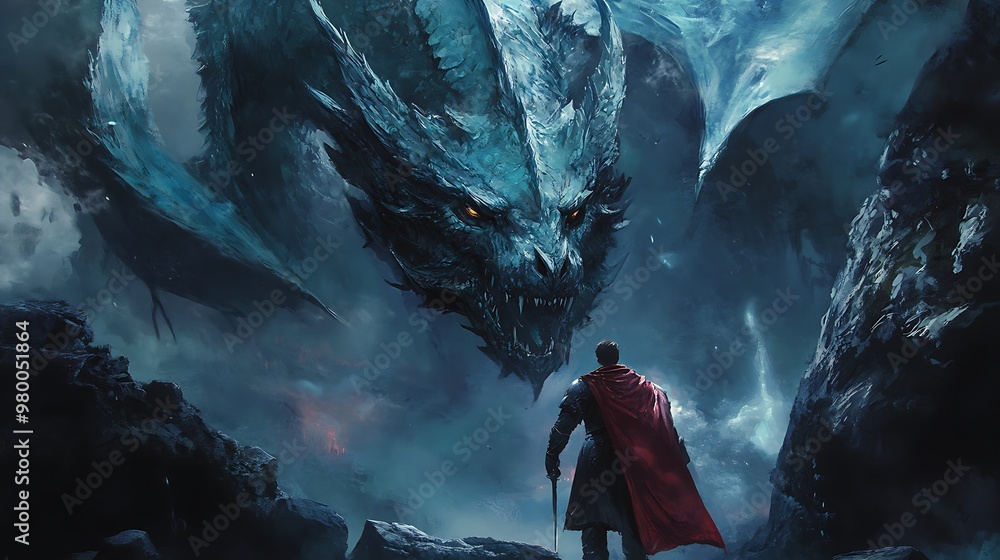 Brave knight facing a mighty dragon in a fantasy battle scene. Concept ...