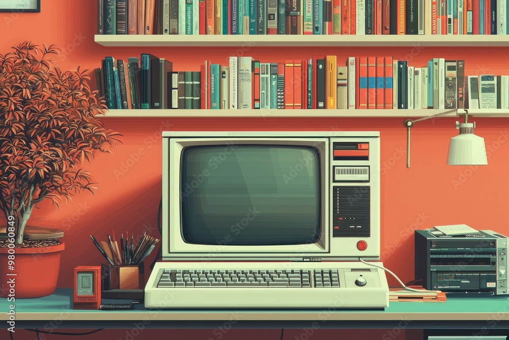 Vintage Personal Computer Setup with Bookshelf and Plant Stock ...