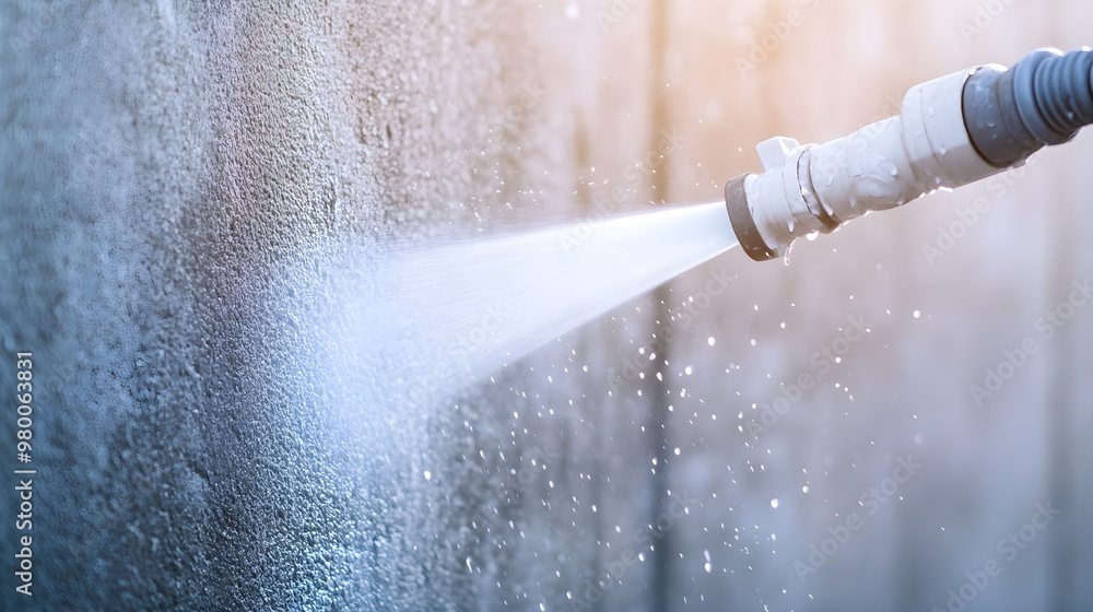 Grimy wall being cleaned by a forceful water jet, peeling away slime to ...