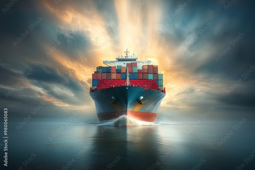 Frontal view of a cargo ship with contrails in the ocean transporting ...