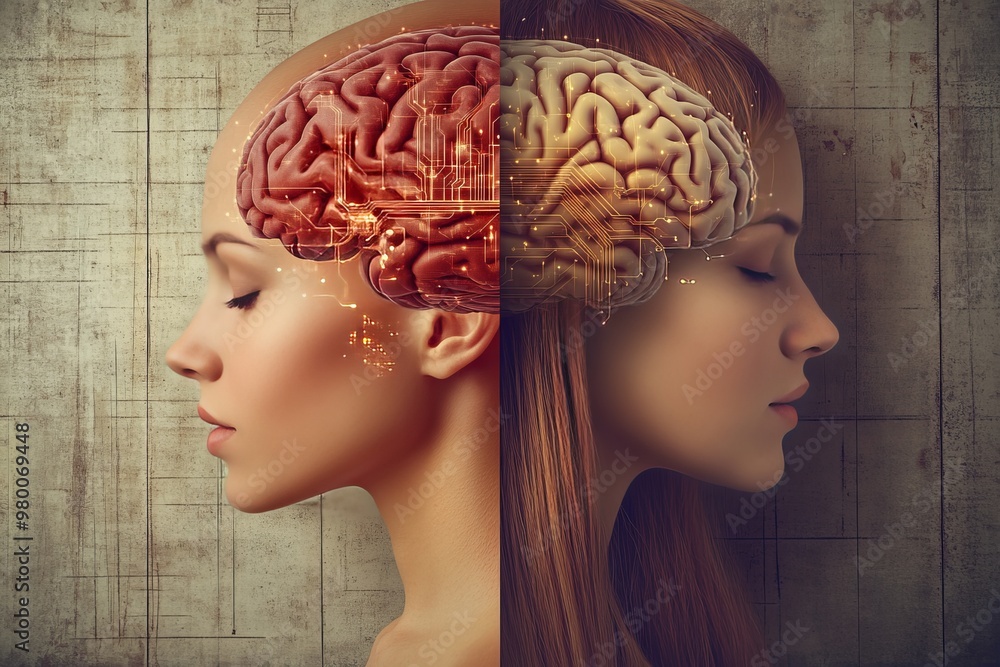 Profile of a young woman with visible brain structures symbolizing ...
