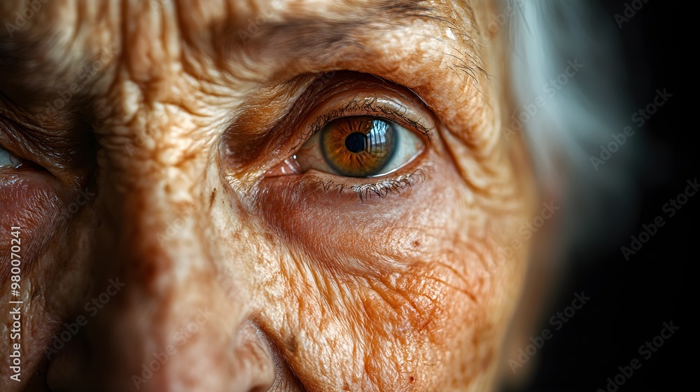 A close-up of an old woman's face, highlighting each wrinkle ...