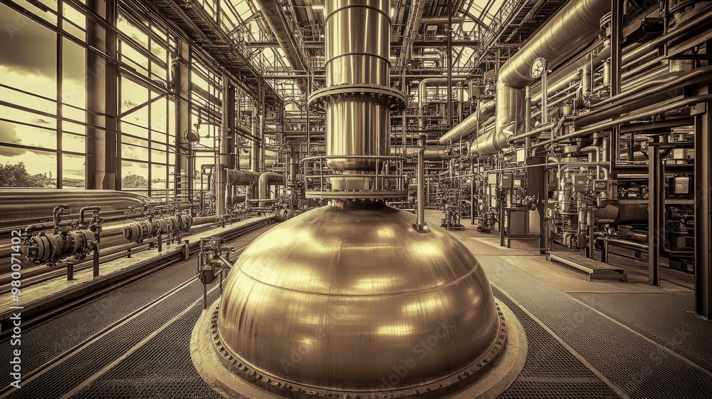 Chemical plant with a central stainless steel tank, swirling bright ...