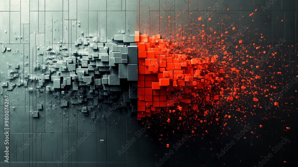 Bricks dissolving into pixels on one side, creating a transition from ...