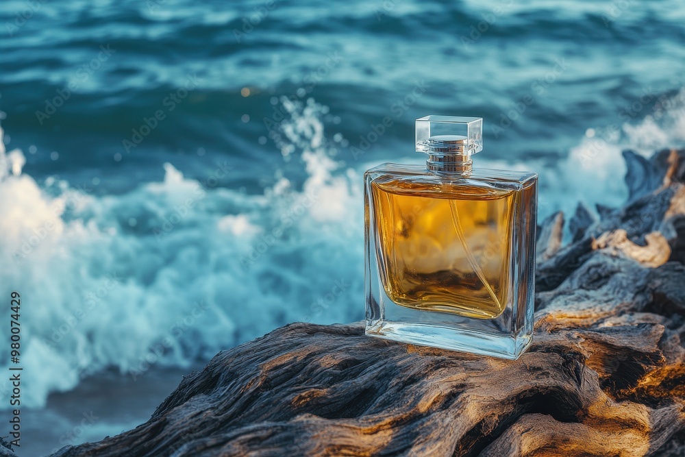Men s scent Golden perfume in a square glass bottle on coastal ...