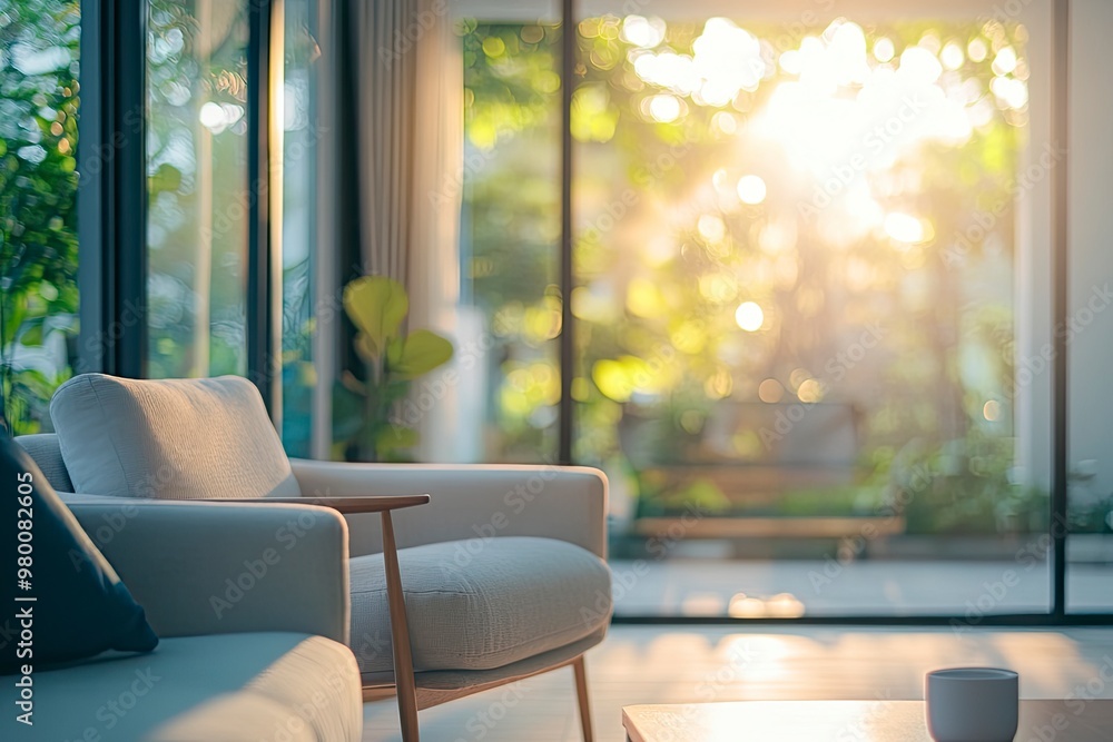 Blur living room at home with morning sunlight at big window for ...
