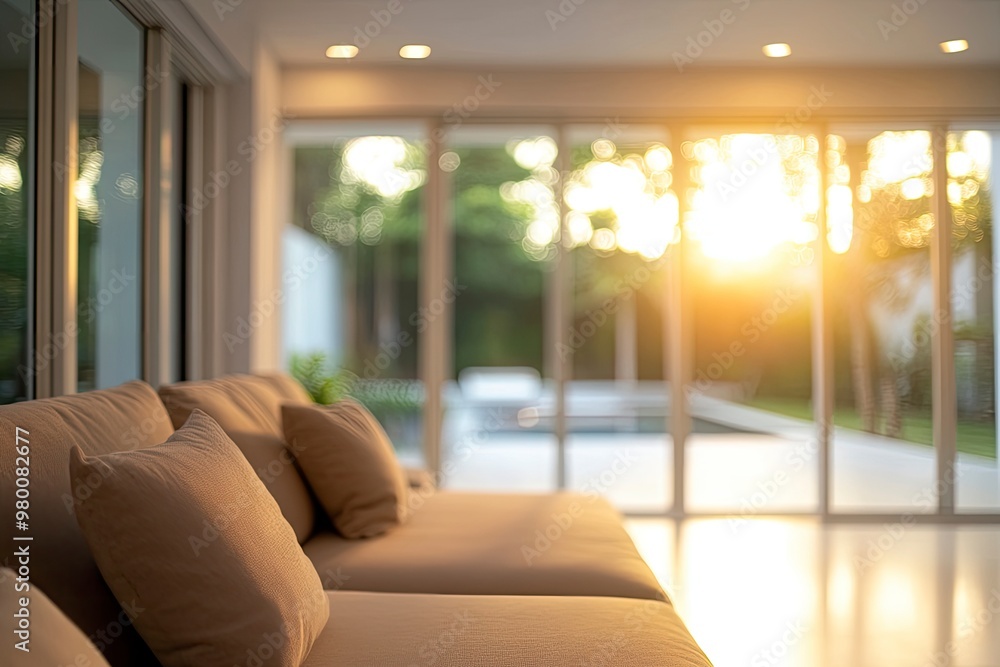 Blur living room at home with morning sunlight at big window for ...