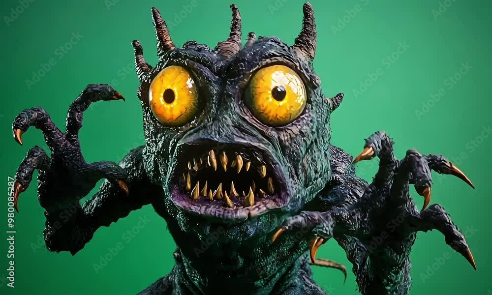 Terrifying monster with large yellow eyes snarling green screen ...