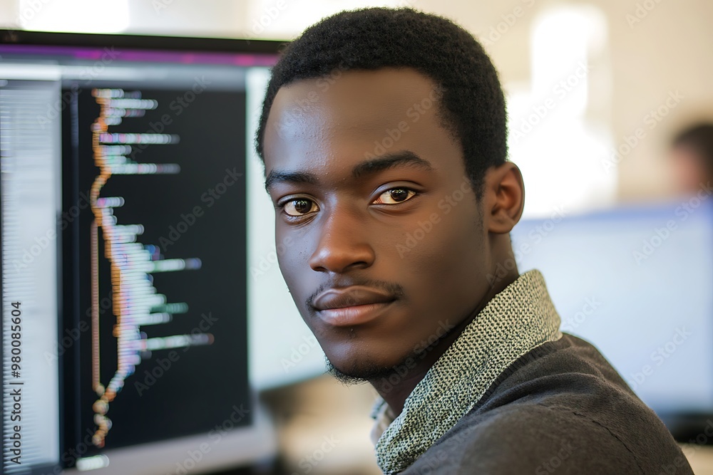 Portrait of a young African American programmer looking at the camera while working at his ...