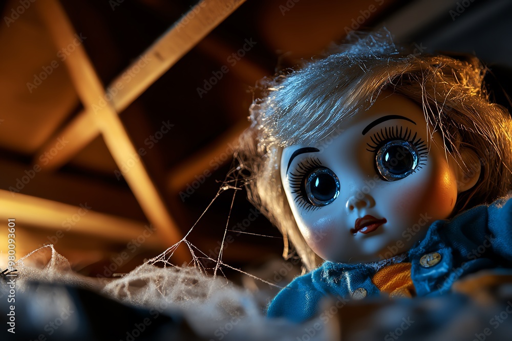 A forgotten doll lying in the attic, its glass eyes reflecting the ...
