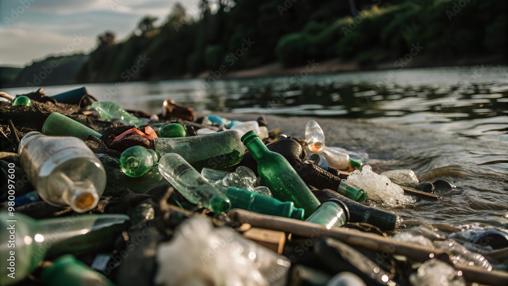A high-quality image depicting plastic waste in a river, highlighting ...