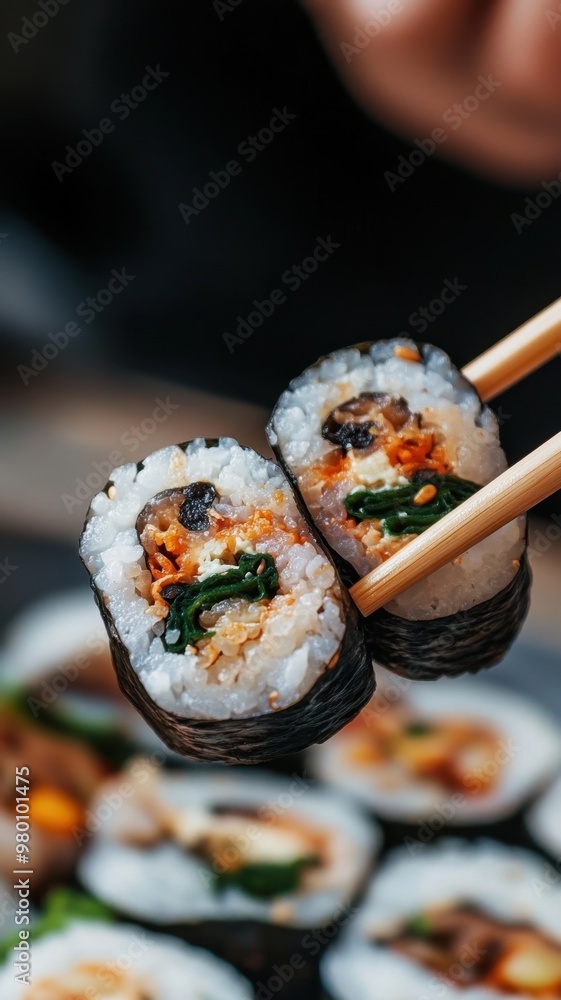 Young asian woman eating Kimbab roll in korea restaurant,korean town ...