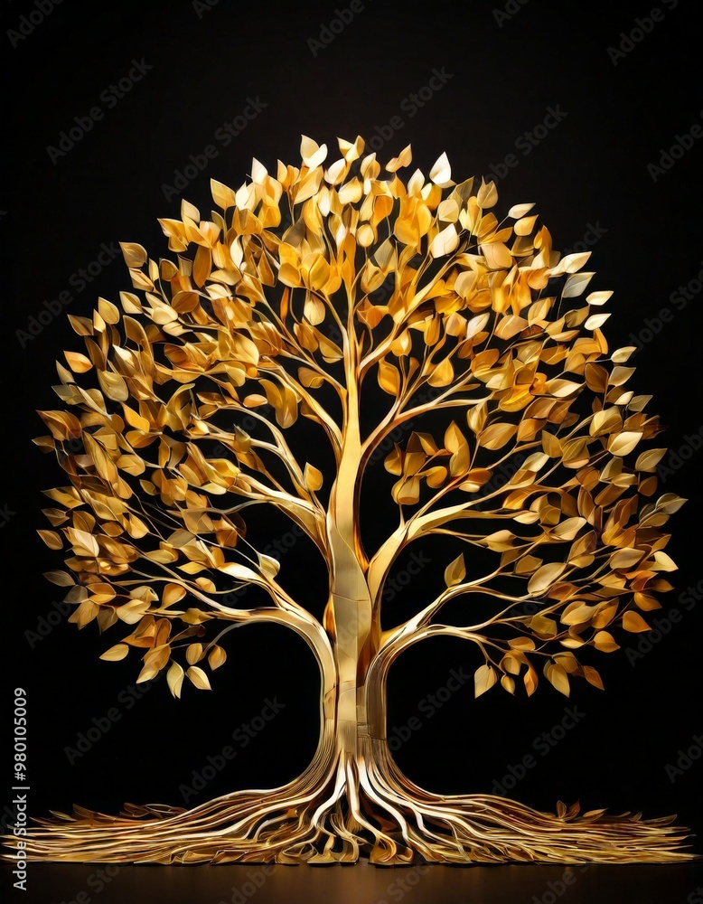A stunning golden tree sculpture with intricate leaves and roots ...