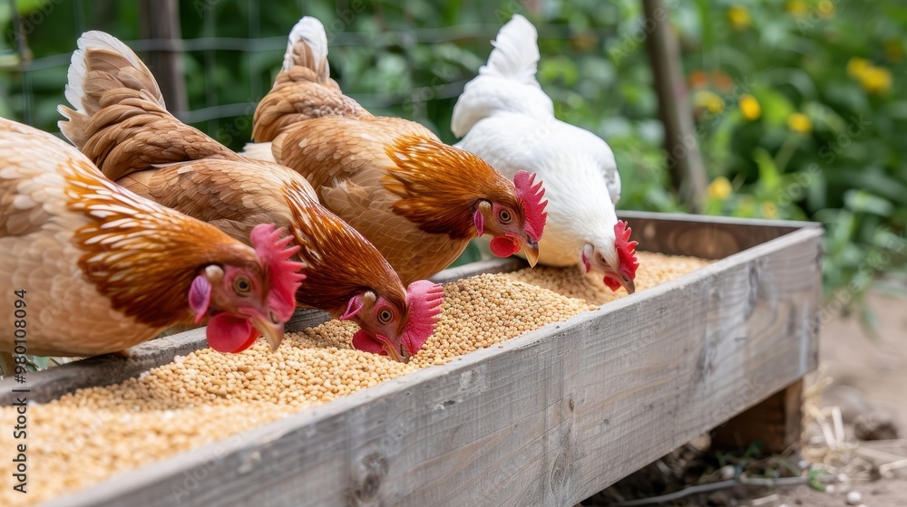 A group of chickens eating from a feed trough on a farm, representing ...