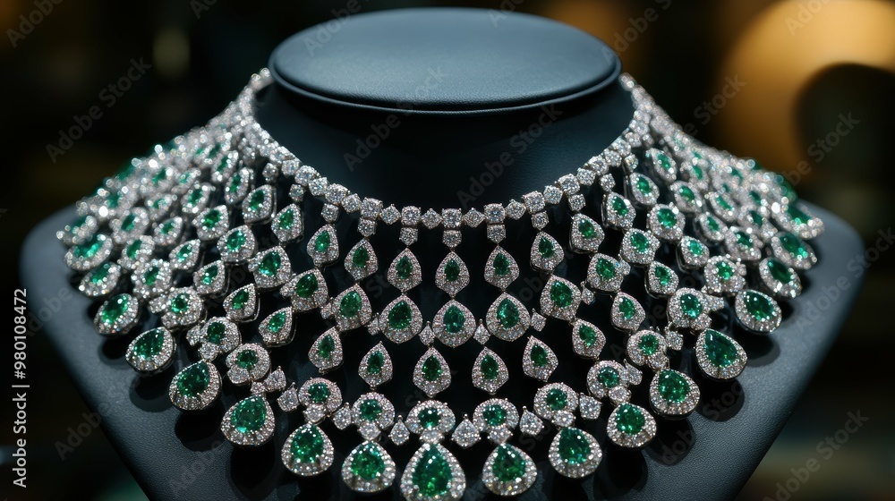Lavish diamond and emerald necklace featuring a cascading multi-tiered ...