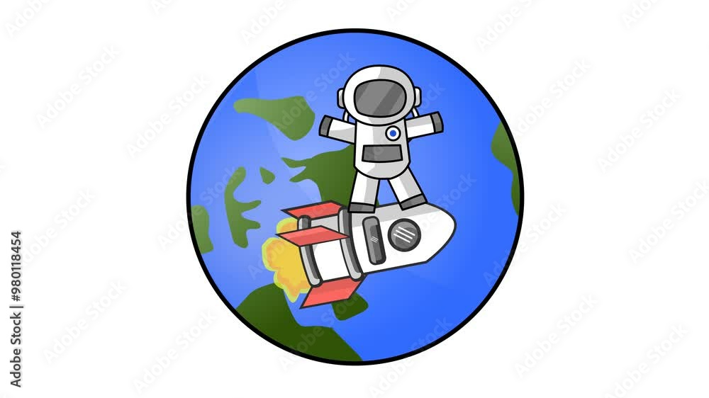 A cute astronaut cartoon character riding a rocket above the earth ...