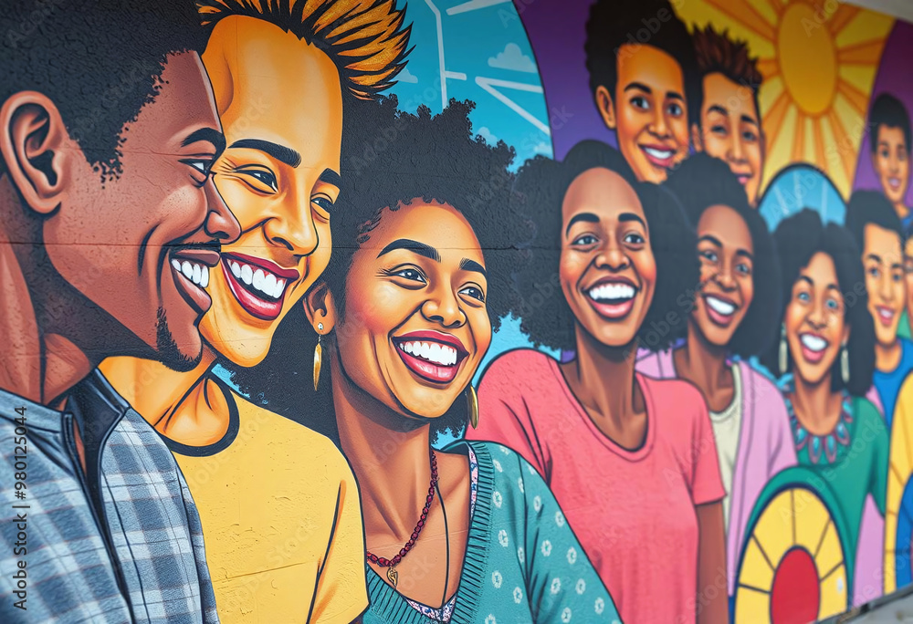 Vibrant Diversity Mural: A colourful street art mural depicting a ...