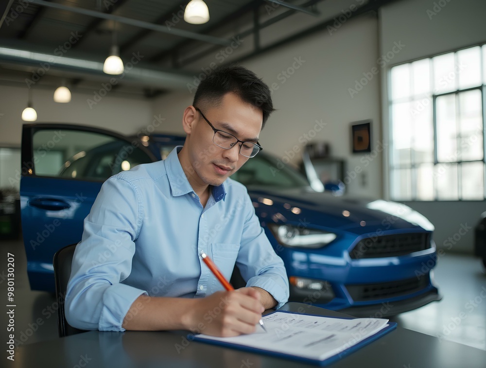 Asian salesman or auto appraiser using a checklist to assess and ...