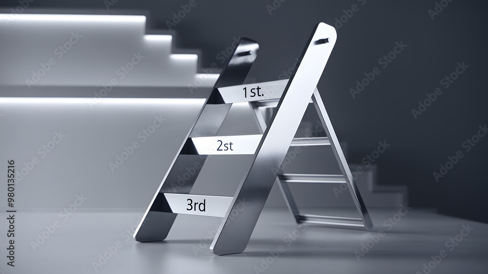 Close-up of metallic ladder with steps labeled "1st," "2nd," and "3rd ...