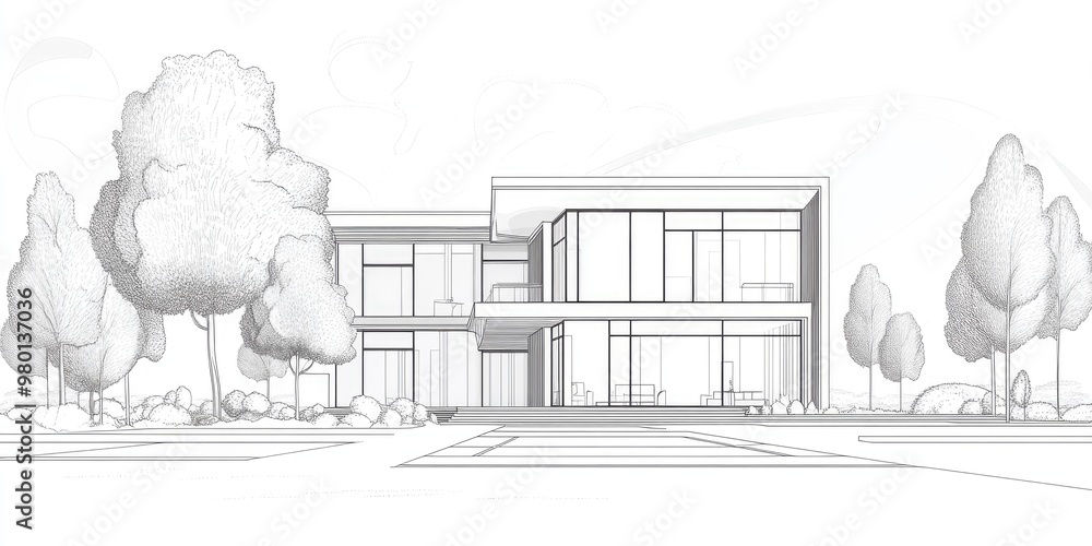 Line art depiction of architectural house design in 3D illustration ...