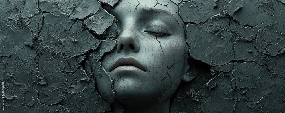 Depressed woman rendered in abstract, her face fading into a background ...