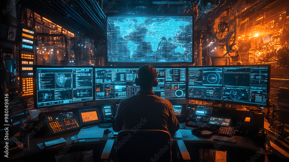 A focused individual analyzes data on multiple screens in a high-tech command center. Bright ...