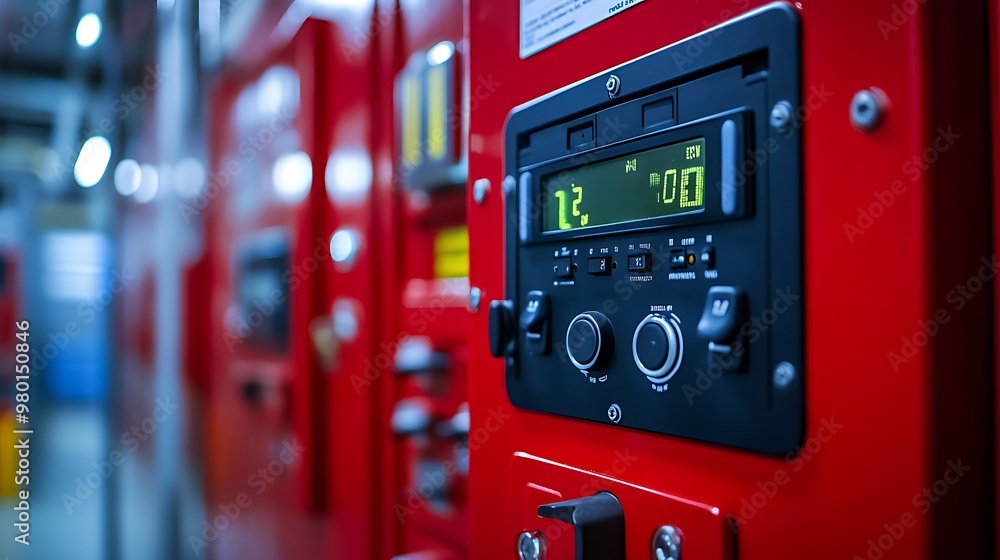 Fire alarm system control panel displaying emergency buttons and ...