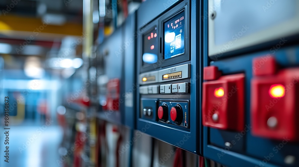 Fire alarm system control panel displaying emergency buttons and ...
