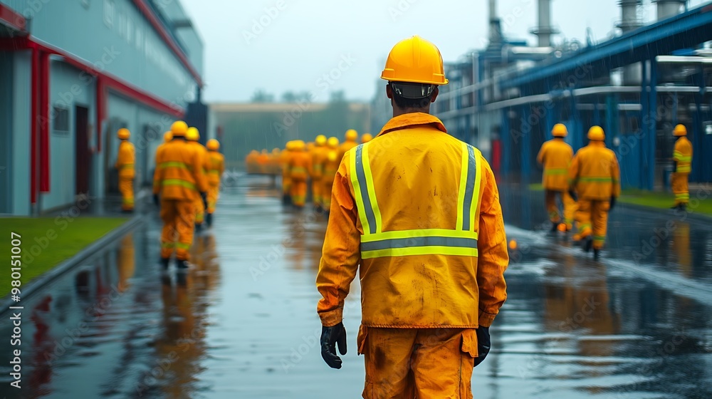 Workers conducting a fire drill near an emergency assembly point ...