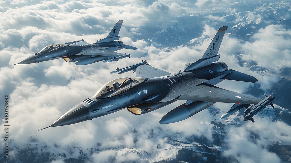 Aerial view of modern fighter jets soaring above the clouds, showcasing ...